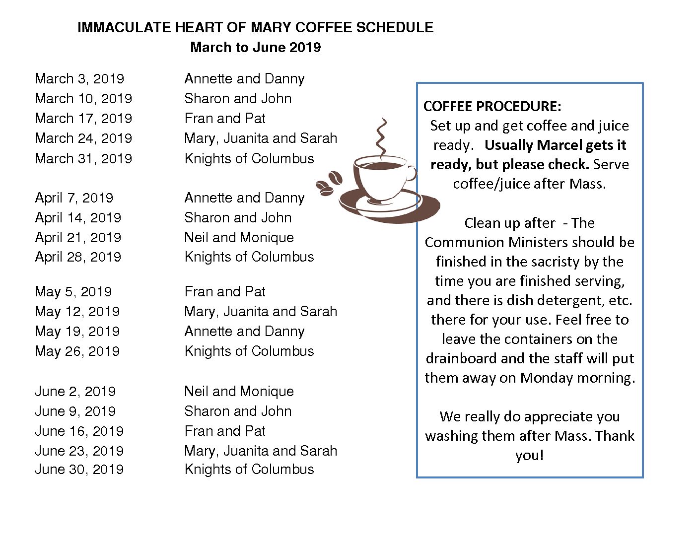 Coffee Schedule March To June 2019 St Elizabeth Of The Trinity