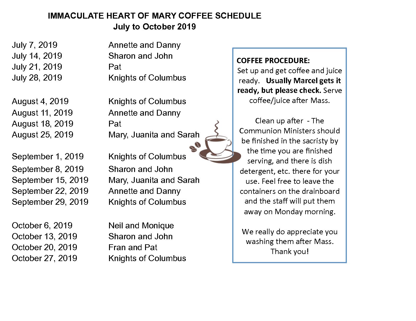 Coffee Schedule July to October 2019 Sheet1 | St. Elizabeth of the Trinity