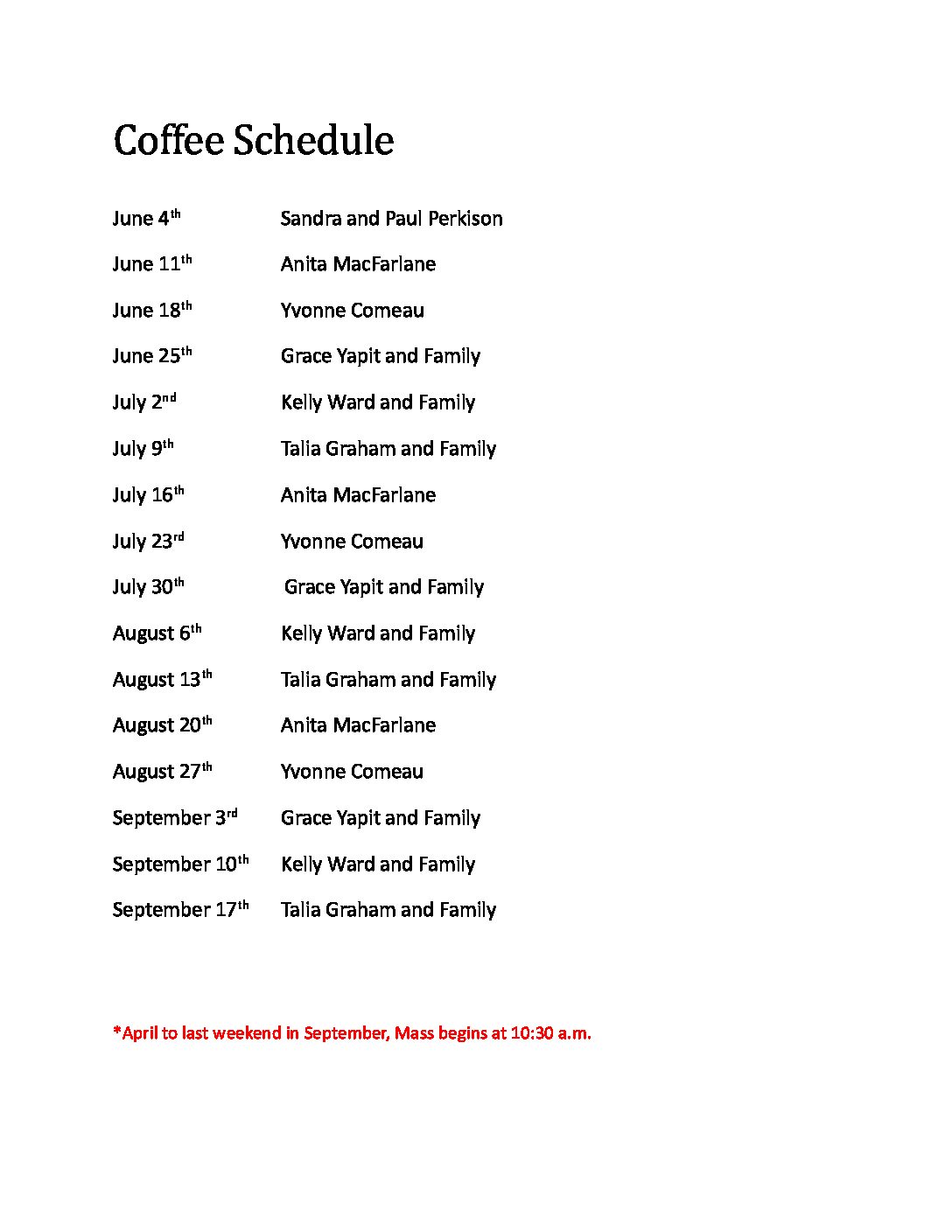 Coffee Schedule June-Sept 2023 | St. Elizabeth of the Trinity