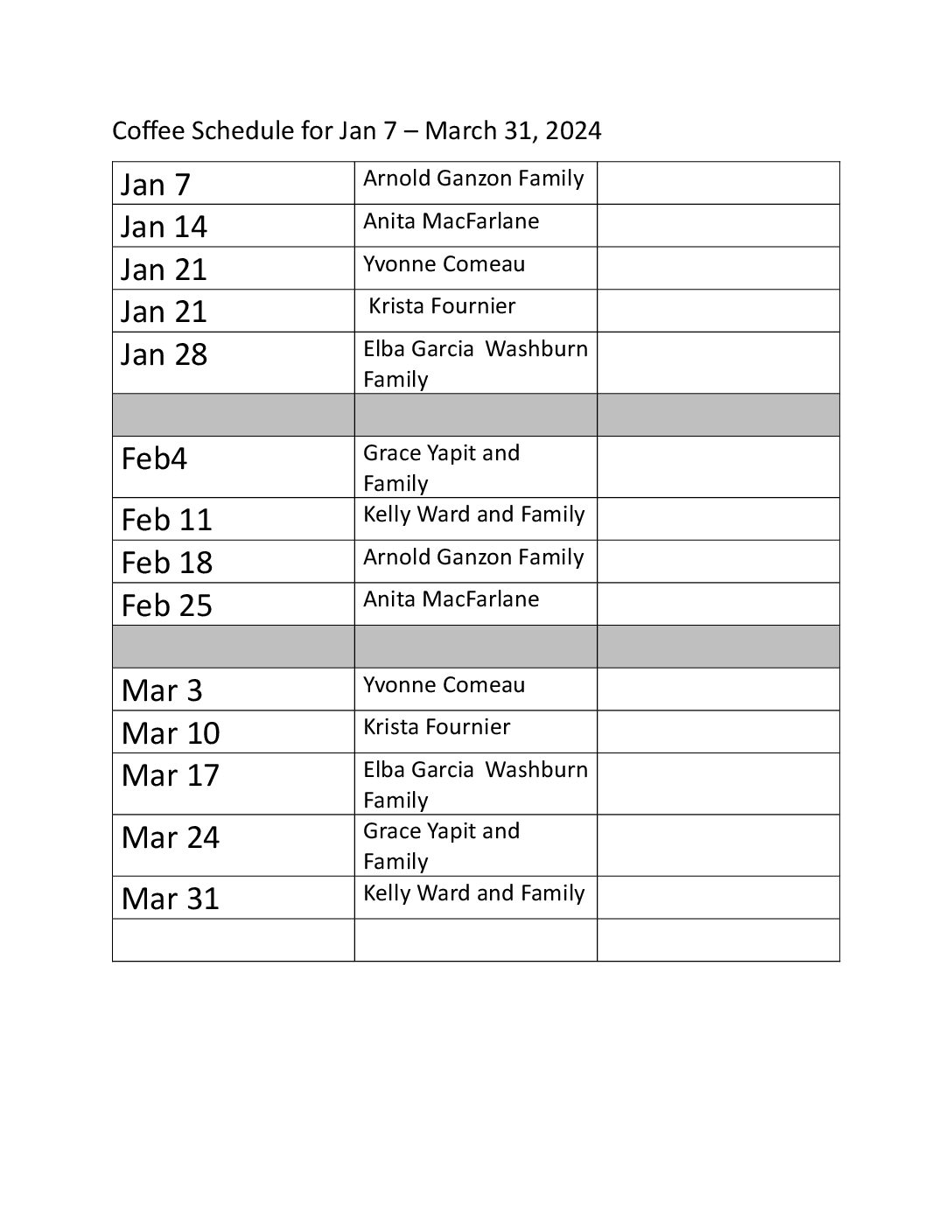 Coffee Schedule For Jan Mar 2024 St Elizabeth Of The Trinity